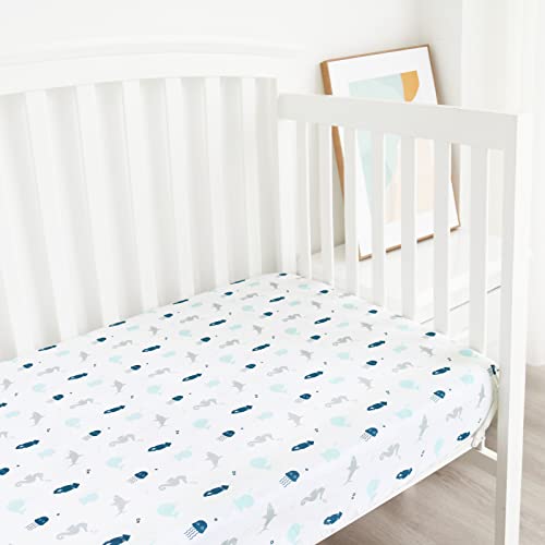 Crib Sheets for Boys or Girls 4-Pack, Fitted Crib Sheet 52'' x 28'' for Standard Crib & Toddler Mattress, Soft and Breathable Material, Baby Crib Sheets Neutral, Grey Dinosaurs & Ocean