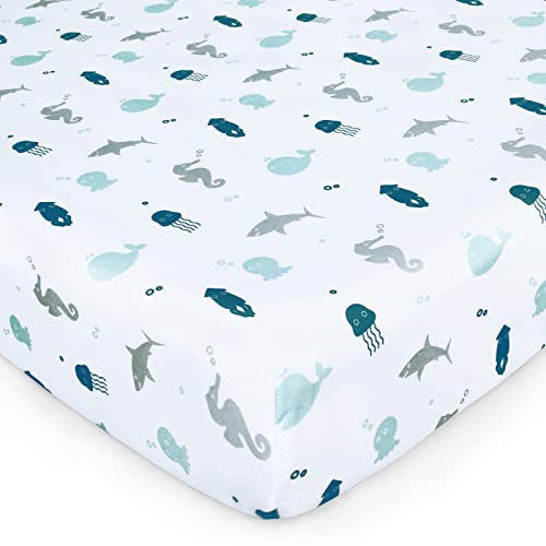 Crib Sheets for Boys or Girls 4-Pack, Fitted Crib Sheet 52'' x 28'' for Standard Crib & Toddler Mattress, Soft and Breathable Material, Baby Crib Sheets Neutral, Grey Dinosaurs & Ocean