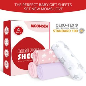 Mini Portable Crib Sheets 4 Pack for Girls (38" X 24"), Compatible with Dream on Me, Delta Porta Crib and Arms Reach Ideal Cosleeper, Pink