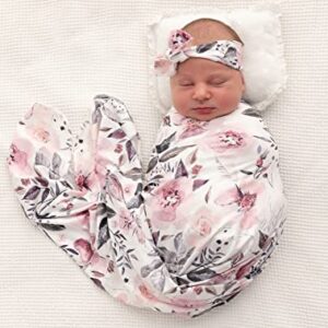 Terriboo Newborn Baby Girl Swaddle and Headband Set Floral Receiving Blanket (Pink)