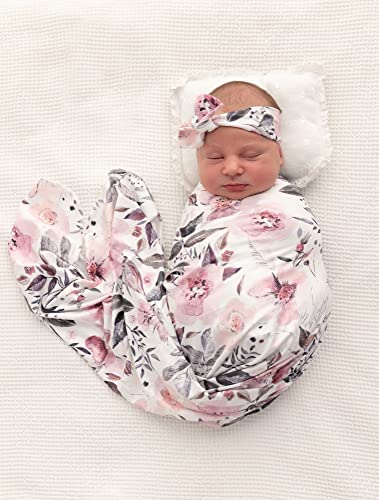 Terriboo Newborn Baby Girl Swaddle and Headband Set Floral Receiving Blanket (Pink)