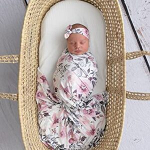 Terriboo Newborn Baby Girl Swaddle and Headband Set Floral Receiving Blanket (Pink)