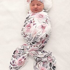 Terriboo Newborn Baby Girl Swaddle and Headband Set Floral Receiving Blanket (Pink)