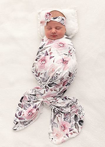 Terriboo Newborn Baby Girl Swaddle and Headband Set Floral Receiving Blanket (Pink)