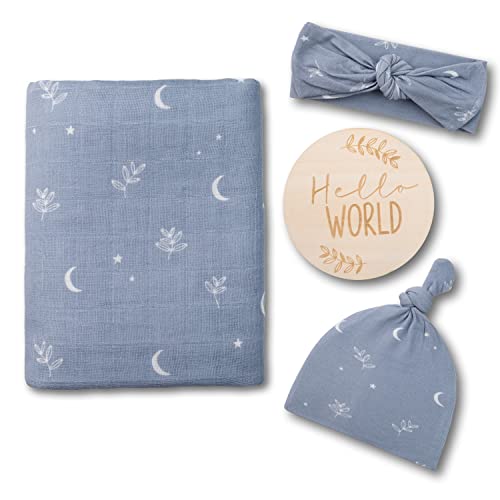 Miaoberry 100% Organic Muslin Swaddle Set w Matching Hat/Bow| Moon Leaves in Haze Blue| Hospital Home-Coming Baby Announcement Blanket Gender Neutral for Boy n Girl