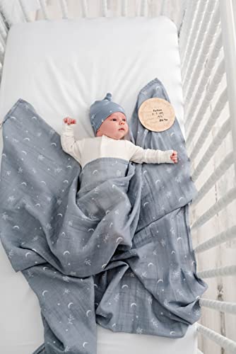 Miaoberry 100% Organic Muslin Swaddle Set w Matching Hat/Bow| Moon Leaves in Haze Blue| Hospital Home-Coming Baby Announcement Blanket Gender Neutral for Boy n Girl