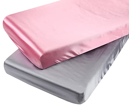 Satin Changing Pad Cover Set 2 Pack Ultra Soft Silk Protect for Baby Hair and Skin Cradle or Bassinet Sheets, Grey & Pink