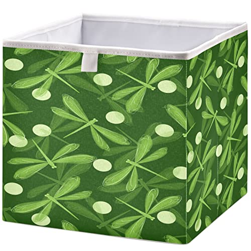 visesunny Closet Baskets Cute Green Dragonflies Storage Bins Fabric Baskets for Organizing Shelves Foldable Storage Cube Bins for Clothes, Toys, Baby Toiletry, Office Supply