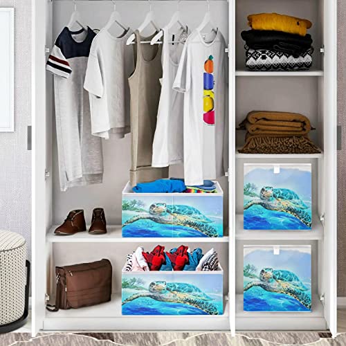 visesunny Closet Baskets Sea Turtle Storage Bins Fabric Baskets for Organizing Shelves Foldable Storage Cube Bins for Clothes, Toys, Baby Toiletry, Office Supply