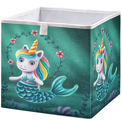 visesunny Closet Baskets Little Mermaid Unicorn2 Storage Bins Fabric Baskets for Organizing Shelves Foldable Storage Cube Bins for Clothes, Toys, Baby Toiletry, Office Supply