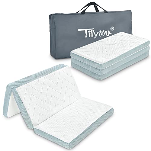 TILLYOU Portable Crib Mattresses, Memory Foam Pack N Play Mattress Pad, Mini Crib Mattress Nap Mat, Portable Trifold Playard Mattress, 38x26x2.25 inches