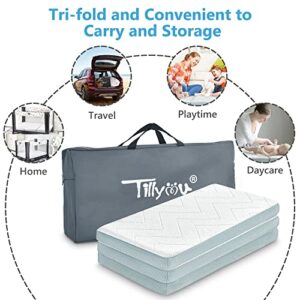 TILLYOU Portable Crib Mattresses, Memory Foam Pack N Play Mattress Pad, Mini Crib Mattress Nap Mat, Portable Trifold Playard Mattress, 38x26x2.25 inches