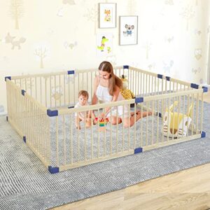 linor baby playpen kids fence with safety gate, 78.7"x70.8" extra large playpen for babies and toddlers, baby play yards, activity center playpen for twins, children, 100% natural wood