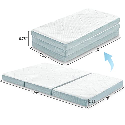 TILLYOU Portable Crib Mattresses, Memory Foam Pack N Play Mattress Pad, Mini Crib Mattress Nap Mat, Portable Trifold Playard Mattress, 38x26x2.25 inches