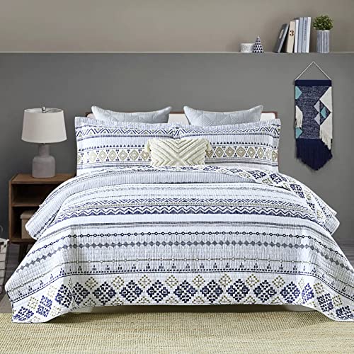 Y-PLWOMEN Quilt King Size 100% Cotton Boho King Quilt, Navy Boho Quilt Sets King, Lightweight Bohemian King Size Bedspreads for All Season, 3 Piece