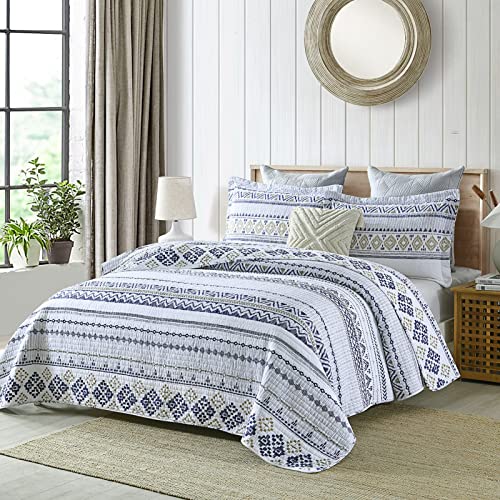 Y-PLWOMEN Quilt King Size 100% Cotton Boho King Quilt, Navy Boho Quilt Sets King, Lightweight Bohemian King Size Bedspreads for All Season, 3 Piece