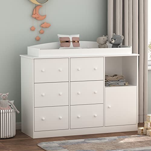 ECACAD Nursery Storage Dresser Chest with 6 Drawers & Guard Table Top, Modern Chest of Drawers with Door & 2 Cubes for Bedroom, Nursery, White (53.7”L x 18.4”W x 37.4”H)