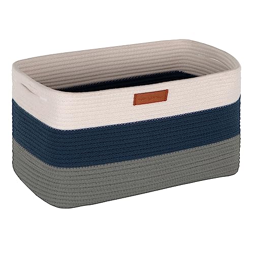 Sophia & William Cotton Rope Baskets for Shelves 14.6"L x 8.3"W x 9.8"H, Woven Nurery Storage Baskets & Bins with Handles, Baby Toy Baskets Organizer for Laundry, 1 Pack, Majolica Blue & Moon Mist