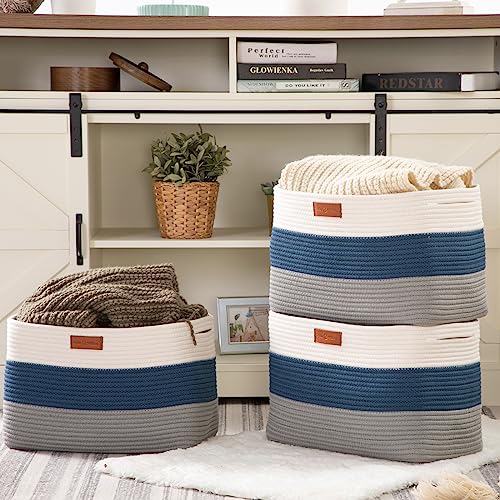 Sophia & William Cotton Rope Baskets for Shelves 14.6"L x 8.3"W x 9.8"H, Woven Nurery Storage Baskets & Bins with Handles, Baby Toy Baskets Organizer for Laundry, 1 Pack, Majolica Blue & Moon Mist