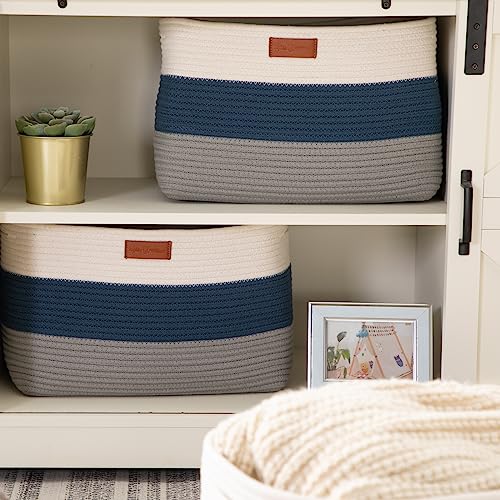 Sophia & William Cotton Rope Baskets for Shelves 14.6"L x 8.3"W x 9.8"H, Woven Nurery Storage Baskets & Bins with Handles, Baby Toy Baskets Organizer for Laundry, 1 Pack, Majolica Blue & Moon Mist