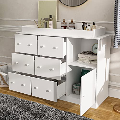 ECACAD Nursery Storage Dresser Chest with 6 Drawers & Guard Table Top, Modern Chest of Drawers with Door & 2 Cubes for Bedroom, Nursery, White (53.7”L x 18.4”W x 37.4”H)