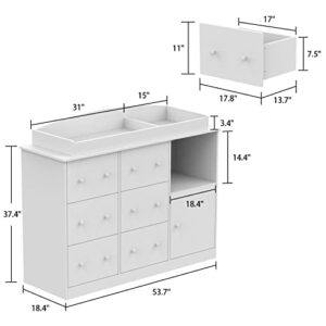 ECACAD Nursery Storage Dresser Chest with 6 Drawers & Guard Table Top, Modern Chest of Drawers with Door & 2 Cubes for Bedroom, Nursery, White (53.7”L x 18.4”W x 37.4”H)