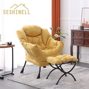 SESHINELL Faux Leather Lazy Chair with Ottoman, Suede Modern Accent Chair Contemporary Lounge Leisure Sofa Chair with Armrests, Reading Chair and Folding Footstool Set for Living Room, Bedroom, Yellow