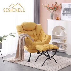 SESHINELL Faux Leather Lazy Chair with Ottoman, Suede Modern Accent Chair Contemporary Lounge Leisure Sofa Chair with Armrests, Reading Chair and Folding Footstool Set for Living Room, Bedroom, Yellow