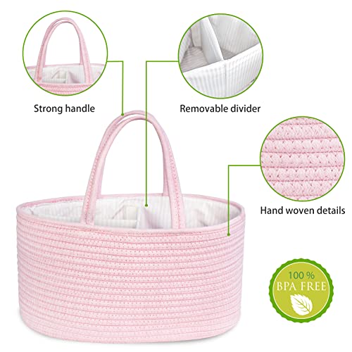 ABenkle Baby Diaper Caddy, Nursery Storage Bin and Car Organizer for Diapers and Baby Wipes, Cotton Rope Diaper Basket Caddy, Changing Table Diaper Storage Caddy Baby Gift Baskets, Pink