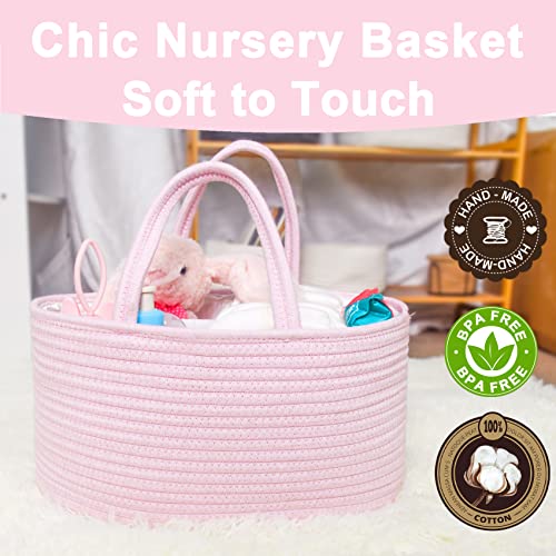 ABenkle Baby Diaper Caddy, Nursery Storage Bin and Car Organizer for Diapers and Baby Wipes, Cotton Rope Diaper Basket Caddy, Changing Table Diaper Storage Caddy Baby Gift Baskets, Pink