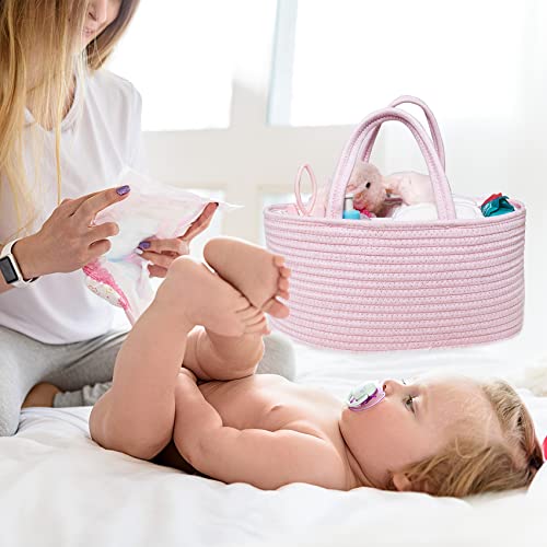 ABenkle Baby Diaper Caddy, Nursery Storage Bin and Car Organizer for Diapers and Baby Wipes, Cotton Rope Diaper Basket Caddy, Changing Table Diaper Storage Caddy Baby Gift Baskets, Pink