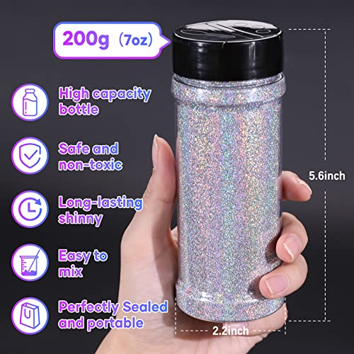 HTVRONT Holographic Extra Fine Glitter - 200g/7oz Silver Glitter for Crafts, 0.008"Portable Ultra Fine Glitter for Resin, Nails, Tumblers, Ornaments, Body, Candle, Cosmetic, Slime Glitter Powder