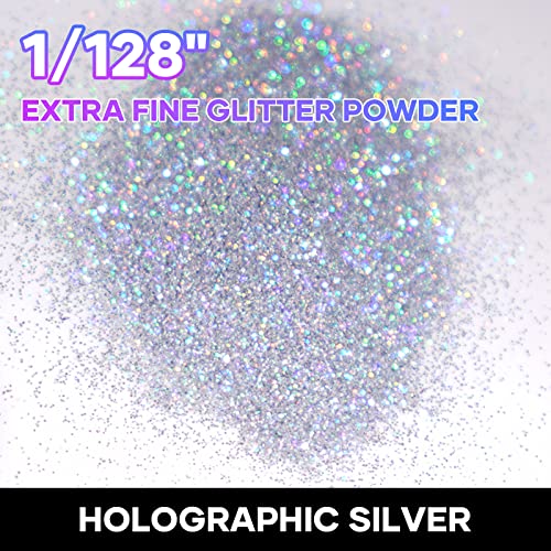 HTVRONT Holographic Extra Fine Glitter - 200g/7oz Silver Glitter for Crafts, 0.008"Portable Ultra Fine Glitter for Resin, Nails, Tumblers, Ornaments, Body, Candle, Cosmetic, Slime Glitter Powder