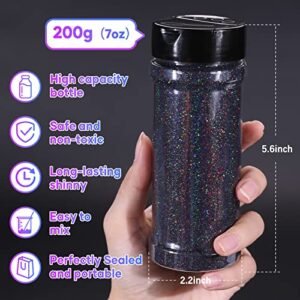 HTVRONT Holographic Fine Glitter - Black Gliter 200g/7oz Extra Fine Glitter for Crafts, Shaker Jar Ultra Fine Glitter for Resin, Portable Iridescent Glitter for Nails, Tumblers, Arts, Craft Glitter