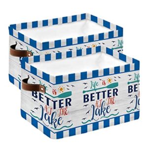 Storage Basket Summer Lake Quote and Seagull Storage Bin with Handles,Blue Stripe on Wooden Plank Collapsible Organizer Storage Cubes Bins for Closet,Laundry Clothes,Bathroom,Nursery Toys