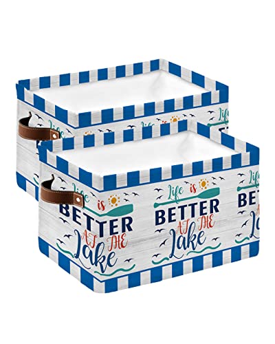 Storage Basket Summer Lake Quote and Seagull Storage Bin with Handles,Blue Stripe on Wooden Plank Collapsible Organizer Storage Cubes Bins for Closet,Laundry Clothes,Bathroom,Nursery Toys