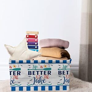 Storage Basket Summer Lake Quote and Seagull Storage Bin with Handles,Blue Stripe on Wooden Plank Collapsible Organizer Storage Cubes Bins for Closet,Laundry Clothes,Bathroom,Nursery Toys