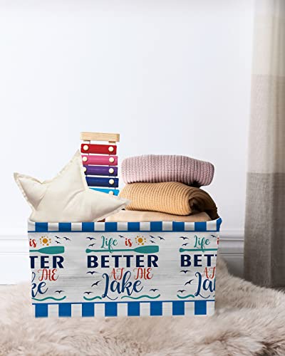 Storage Basket Summer Lake Quote and Seagull Storage Bin with Handles,Blue Stripe on Wooden Plank Collapsible Organizer Storage Cubes Bins for Closet,Laundry Clothes,Bathroom,Nursery Toys