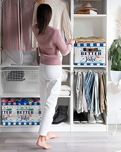 Storage Basket Summer Lake Quote and Seagull Storage Bin with Handles,Blue Stripe on Wooden Plank Collapsible Organizer Storage Cubes Bins for Closet,Laundry Clothes,Bathroom,Nursery Toys