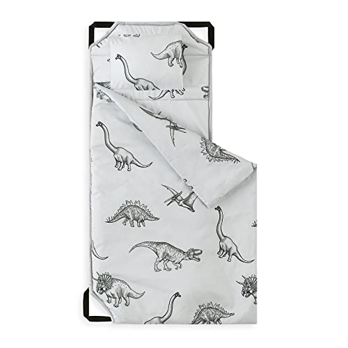 Wake In Cloud - Nap Mat with Pillow for Kids Toddler Boys Girls, Fit Preschool Daycare Sleeping Cot with Elastic Corner Straps, Dinosaur Sketch Printed on Gray Grey, 100% Soft Microfiber