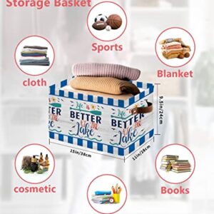 Storage Basket Summer Lake Quote and Seagull Storage Bin with Handles,Blue Stripe on Wooden Plank Collapsible Organizer Storage Cubes Bins for Closet,Laundry Clothes,Bathroom,Nursery Toys