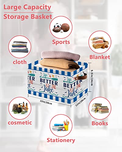 Storage Basket Summer Lake Quote and Seagull Storage Bin with Handles,Blue Stripe on Wooden Plank Collapsible Organizer Storage Cubes Bins for Closet,Laundry Clothes,Bathroom,Nursery Toys