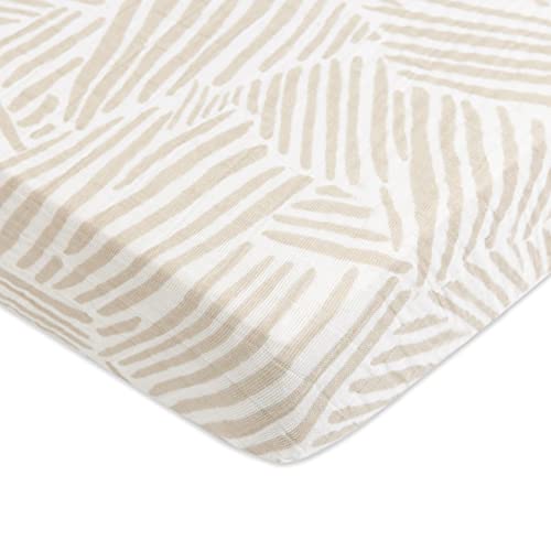 Babyletto 100% Organic Cotton Mini Crib Sheet, GOTS-Certified, Fitted 360°, Ultra-Soft and Breathable Muslin - Oat Stripe