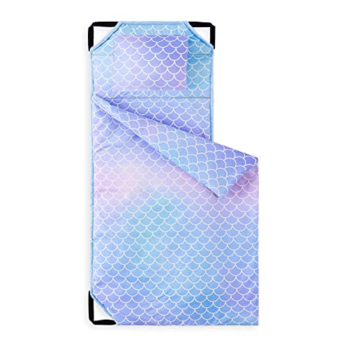 Wake In Cloud - Nap Mat with Pillow for Kids Toddler Boys Girls, Fit Preschool Daycare Sleeping Cot with Elastic Corner Straps, Mermaids Scales in Gradient Pink Purple Blue, 100% Soft Microfiber