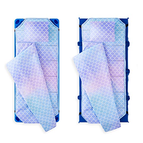 Wake In Cloud - Nap Mat with Pillow for Kids Toddler Boys Girls, Fit Preschool Daycare Sleeping Cot with Elastic Corner Straps, Mermaids Scales in Gradient Pink Purple Blue, 100% Soft Microfiber