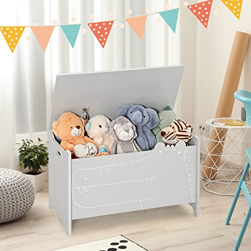 INFANS Wooden Toy Chest, Wide Kids Toy Box Storage Space with Safety Hinge Handles, Toddler Cabinet Organizer for Bedroom Playroom Living Room Entryway