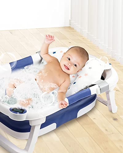 NAPEI Collapsible Baby Bathtub,Baby Bath Tub with Soft Cushion & Thermometer,Portable Travel Bathtub with Drain Hole,Durable Baby Bathtub Newborn to Toddler 0-36 Months(Blue+ Floating Soft Cushion)