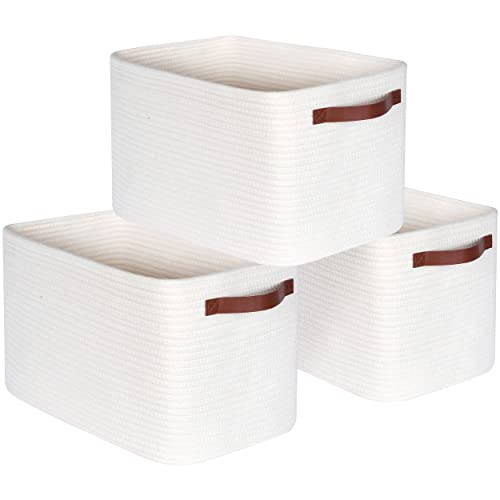 MINTWOOD Design 3-Pack Storage Baskets for Shelves, Playroom and Classroom Storage Basket, Book Basket, Decorative Cube Bins, Woven Closet Organizers, Nursery Baskets, Creamy White with Handles