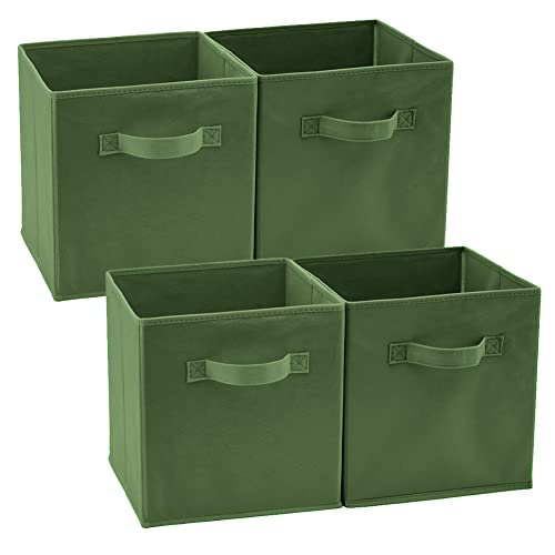 EZOWare Set of 4 Foldable Fabric Basket Bins, Collapsible Storage Organizer Cube 10.5 x 10.5 x 11 inch for Nursery, Playroom, Kids, Living Room - (Kale Green)