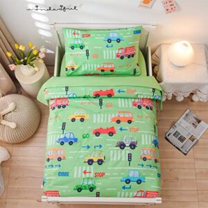 a nice night 4pcs toddler bedding set, transport vehicles cars pattern, comforter sets,includes comforter, flat sheet, fitted sheet and pillowcase,green